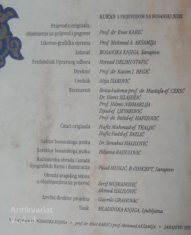 KURAN sa prijevodom na bosanski jezik – Antikvariat Vodnik