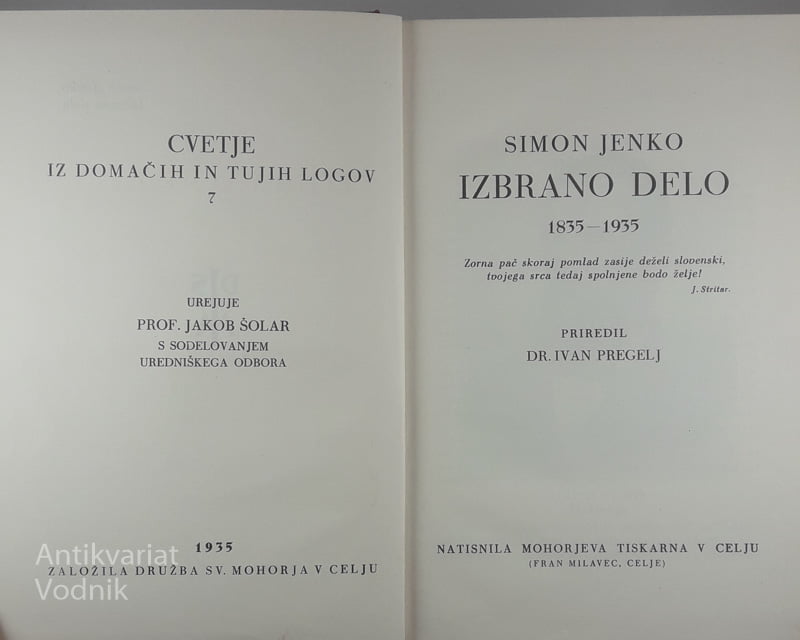 SIMON JENKO; IZBRANO DELO – Antikvariat Vodnik